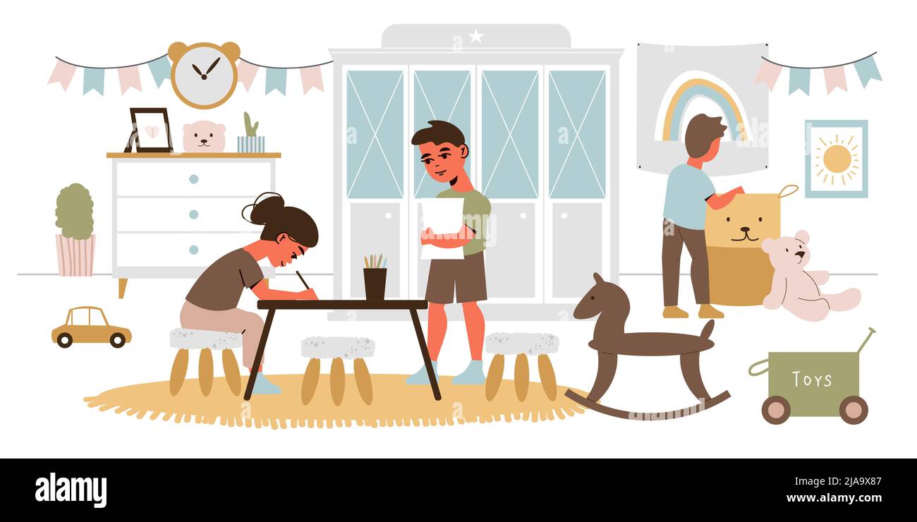 Children room composition with indoor scenery and doodle characters of ...