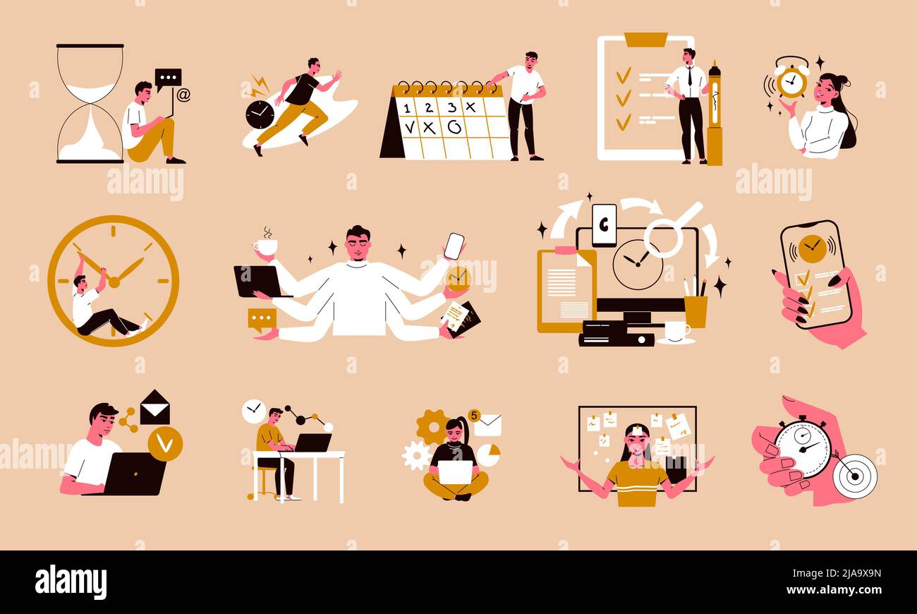 Time management color set with isolated compositions of icons task ...