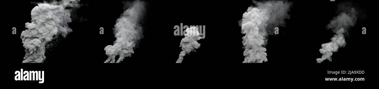 5 grey contamination smoke columns from power station on black ...