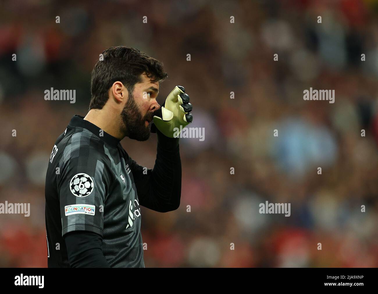 Paris, France. 28th May, 2022. Alisson Becker of Liverpool looks on ...