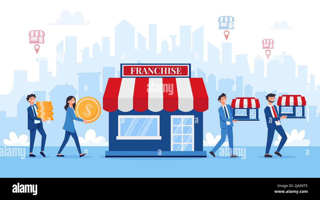 Franchise business composition with images of stores held by characters ...