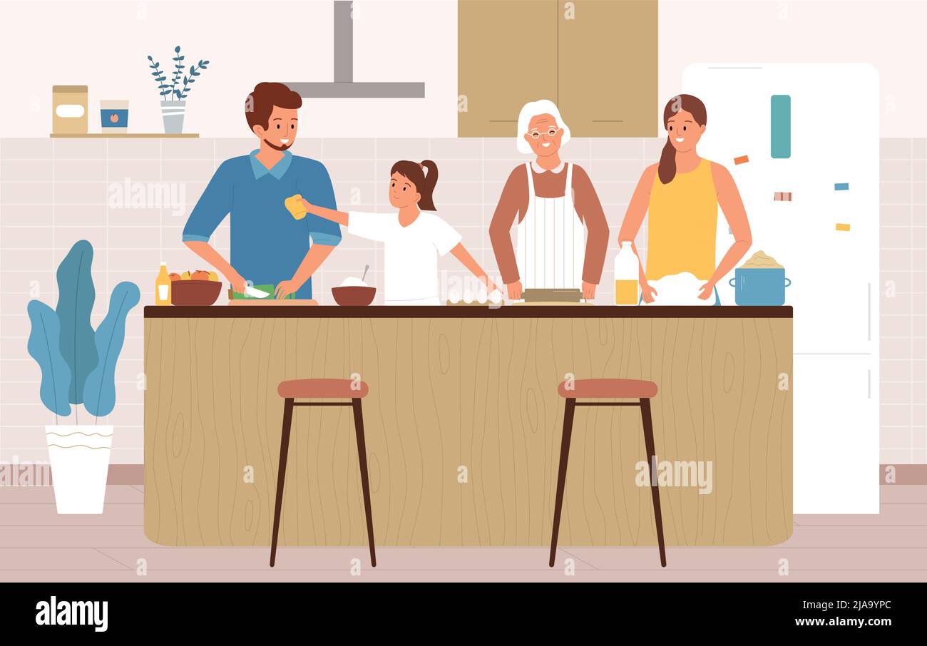 Friendly family consisting of three generations cooking together in home kitchen flat ...