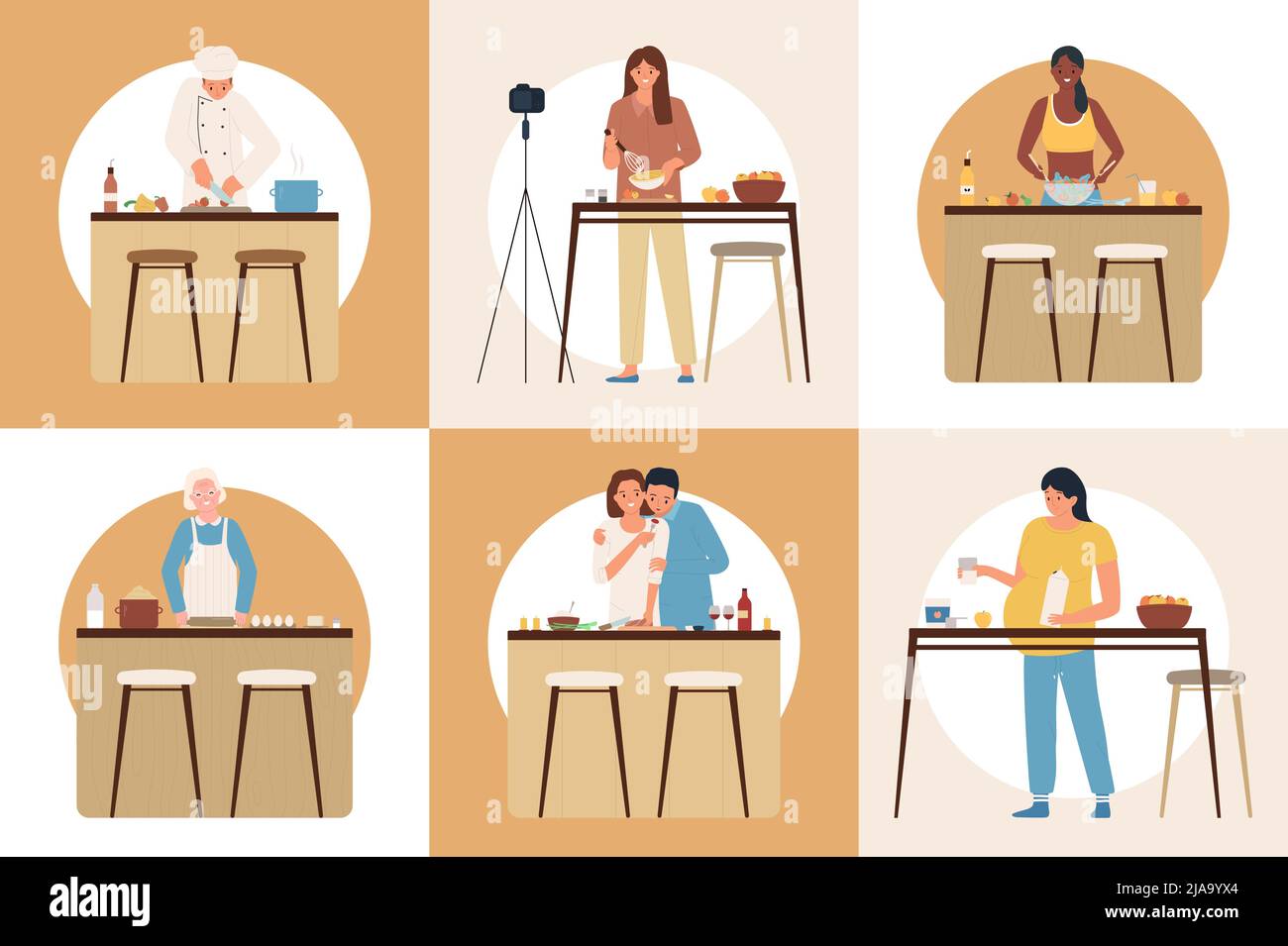 Preparing food flat design concept set of six square icons with male ...