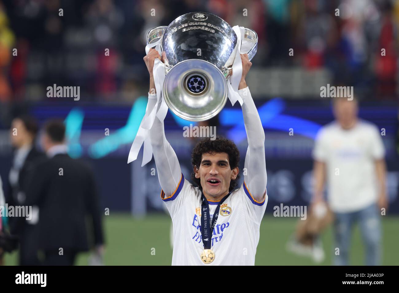 Paris, France. 28th May, 2022. Jesus Vallejo of Real Madrid lifts the ...