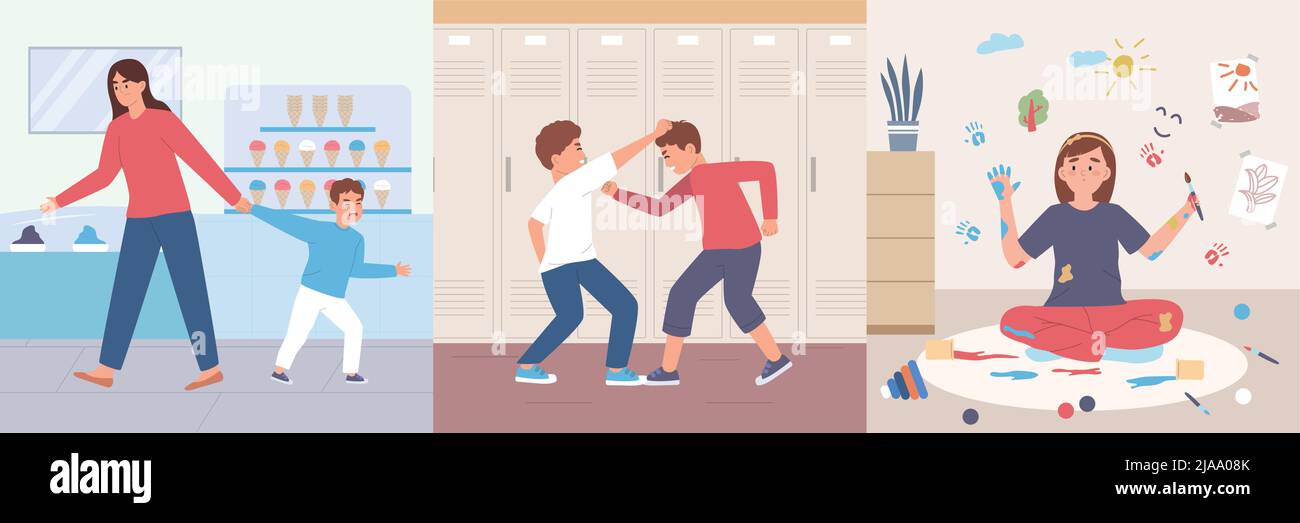 Kids bad behavior three square compositions on theme of aggression ...