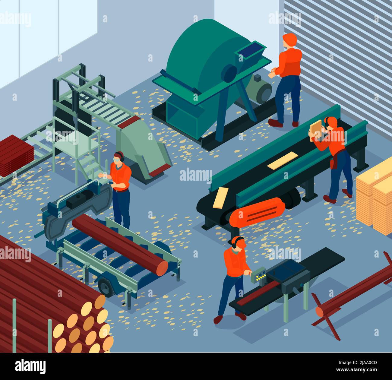 Isometric sawmill lumberjack composition with indoor view of wood plant ...