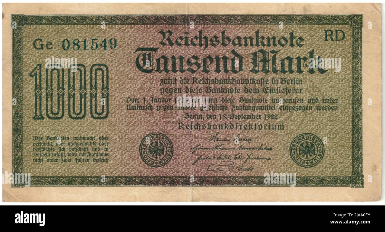 Reichsbanknote, 1000 Mark. (Deutsche) Reichsbank, mint authority Stock ...