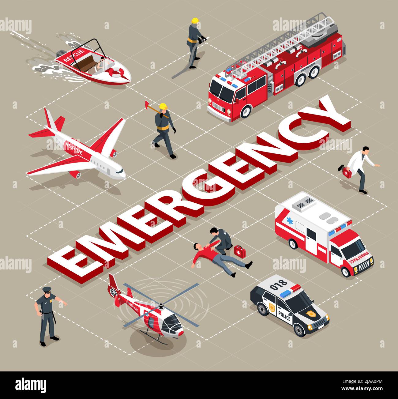 Isometric emergency services composition with flowchart of text and ...