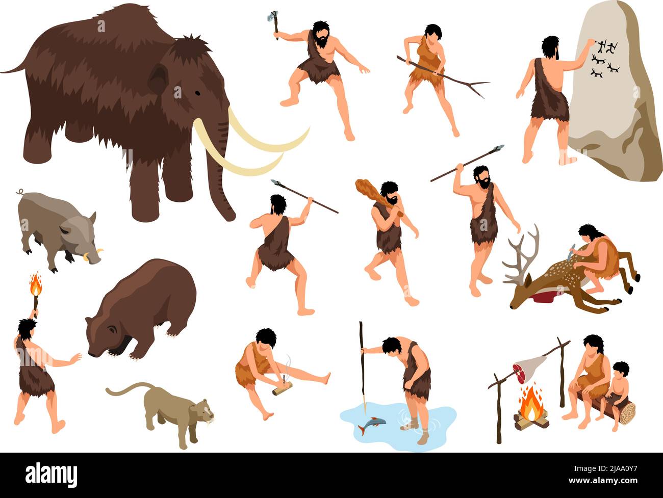 Isometric primitive people set with isolated icons of ancient beasts ...
