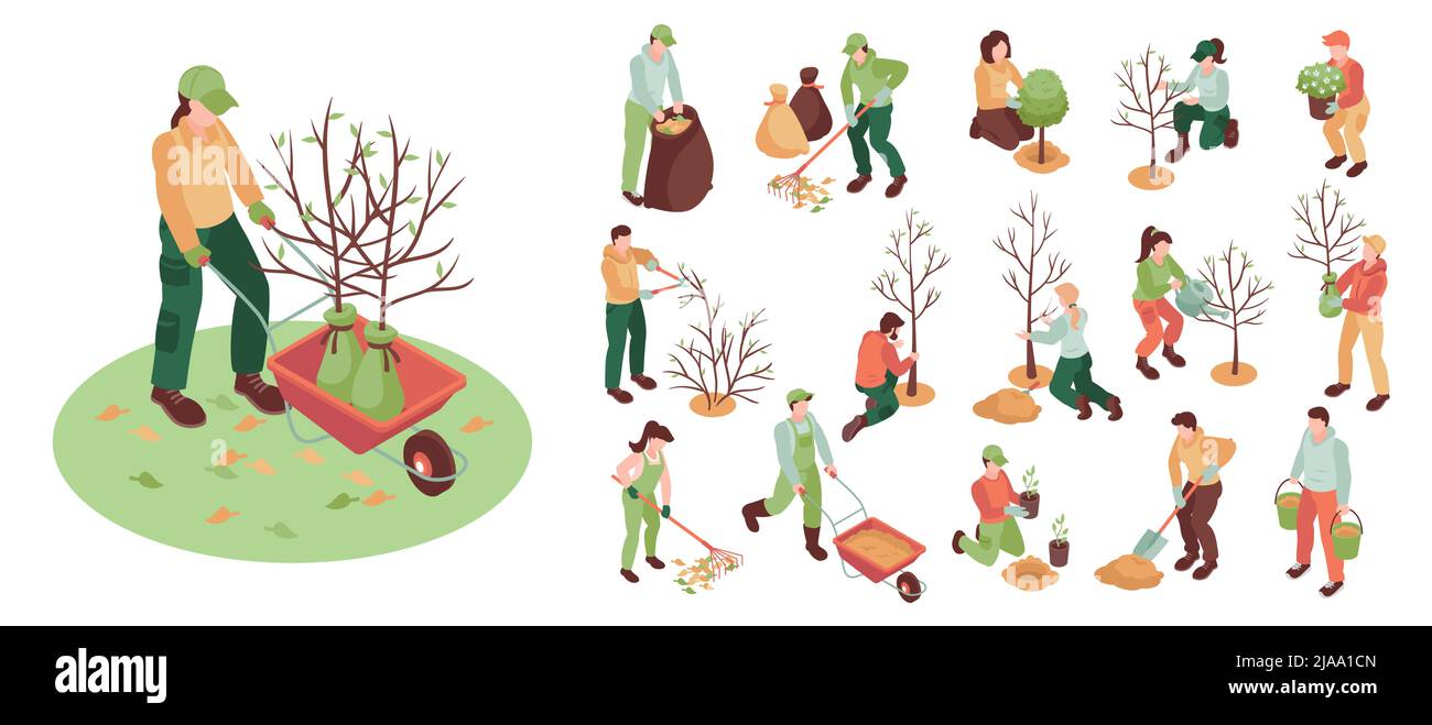 Isometric spring gardening icon set workers collect leaves care for ...