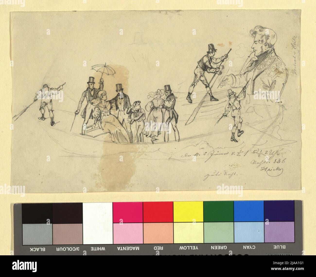 Sketch sheet with self -portrait and society on a barge. Joseph Heick ...