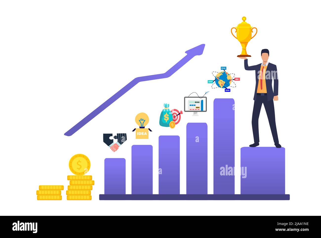 Business growing concept with arrow and bars. Leaders and and employees ...