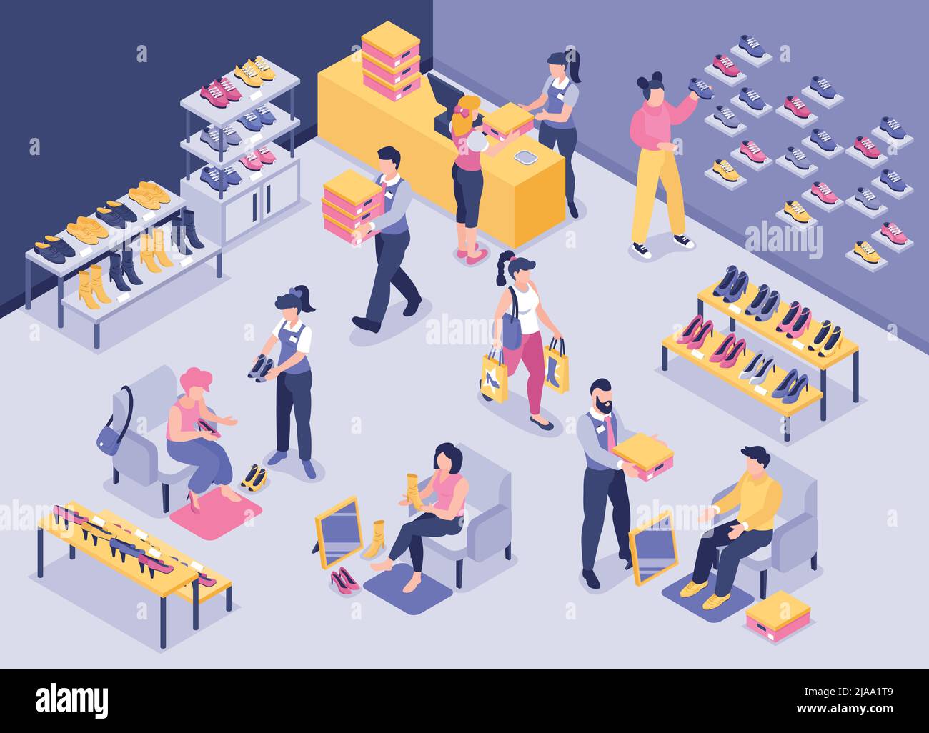 Isometric shoe store composition sales consultants serve customers and ...
