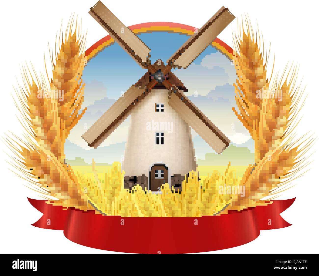 Mill emblem decorated with grain spikes and red ribbon realistic ...