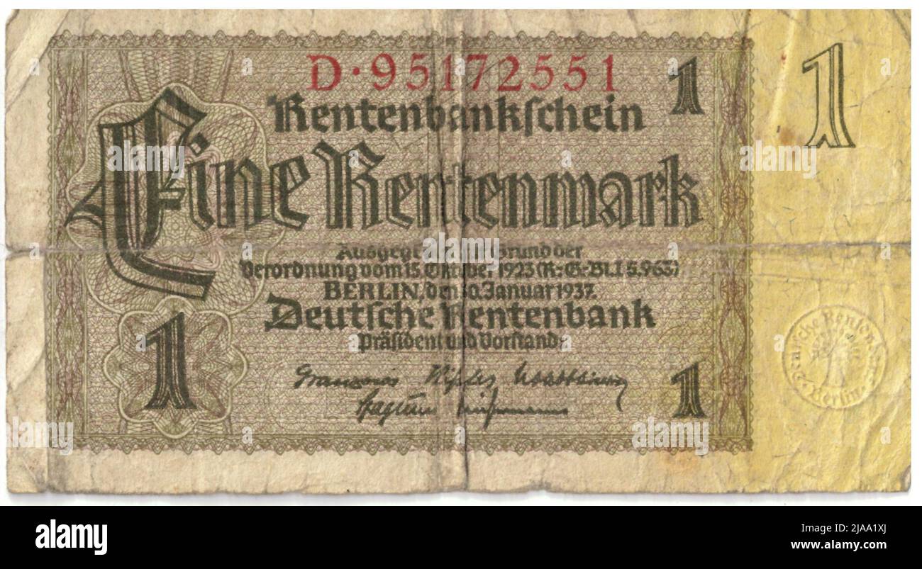 Pension bank, 1 pension mark. German Rentenbank, MINT Authority Stock ...