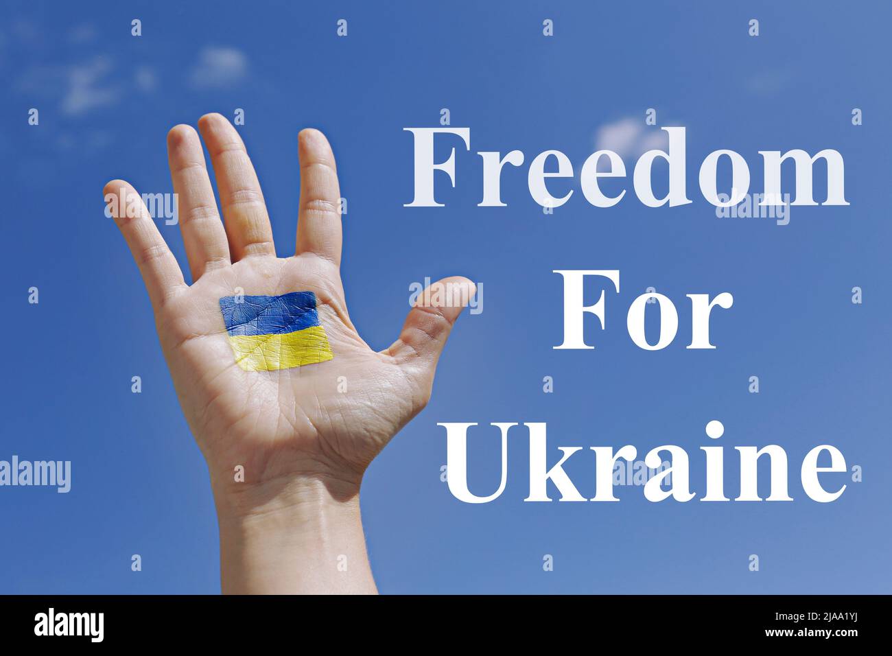 Freedom for Ukraine slogan written over blue sky background. Female's ...