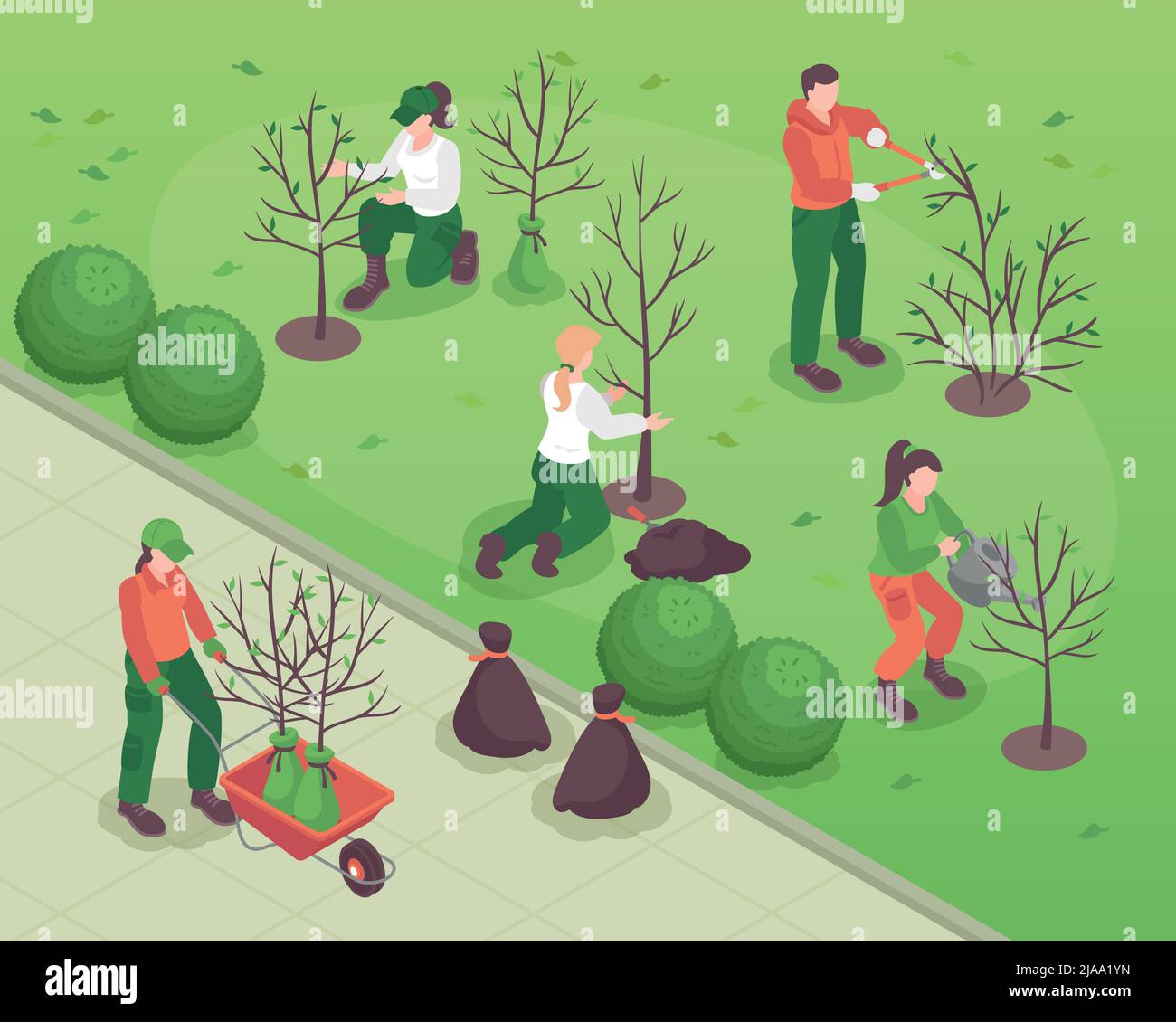 Men and women doing spring gardening works planting watering and ...