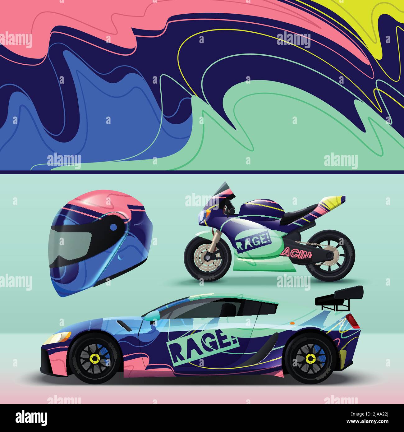 Realistic color abstract livery mockup for racing vehicles and helmet ...