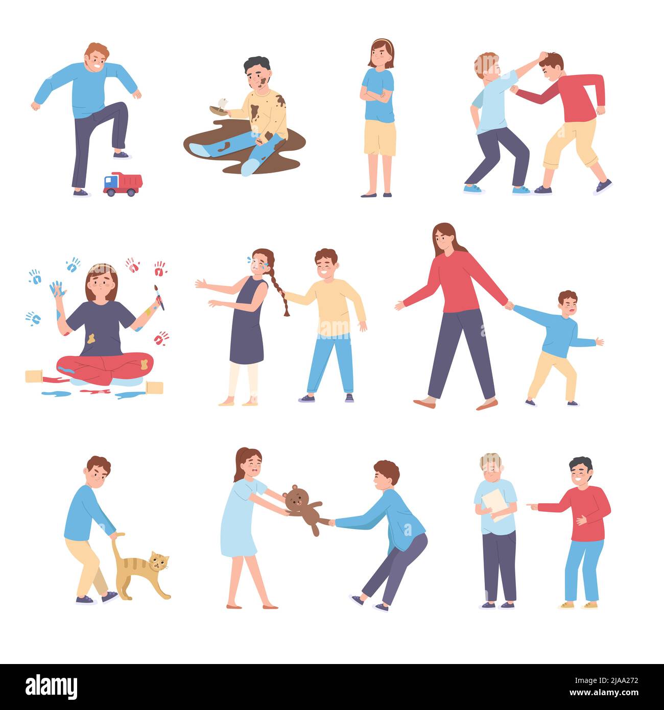 Bad behavior of children flat set with kids characters being rude and offensive isolated vector ...
