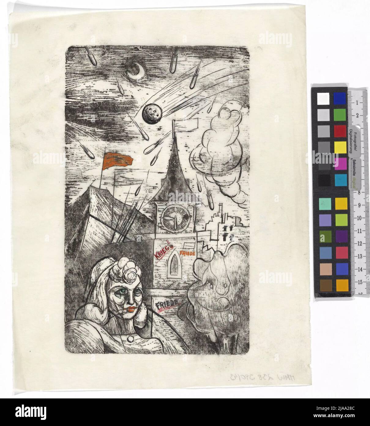 War! Peace peace "City landscape with clock tower in the hail of bombs ...
