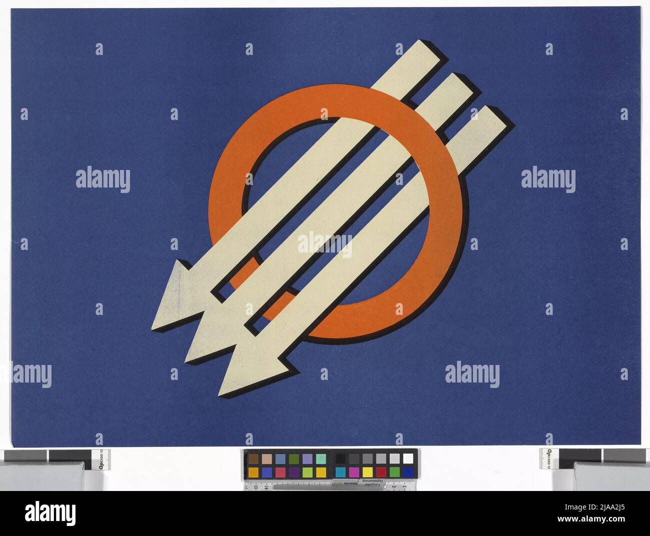 Poster three arrows (white) in a red ring on a blue background (sign of ...