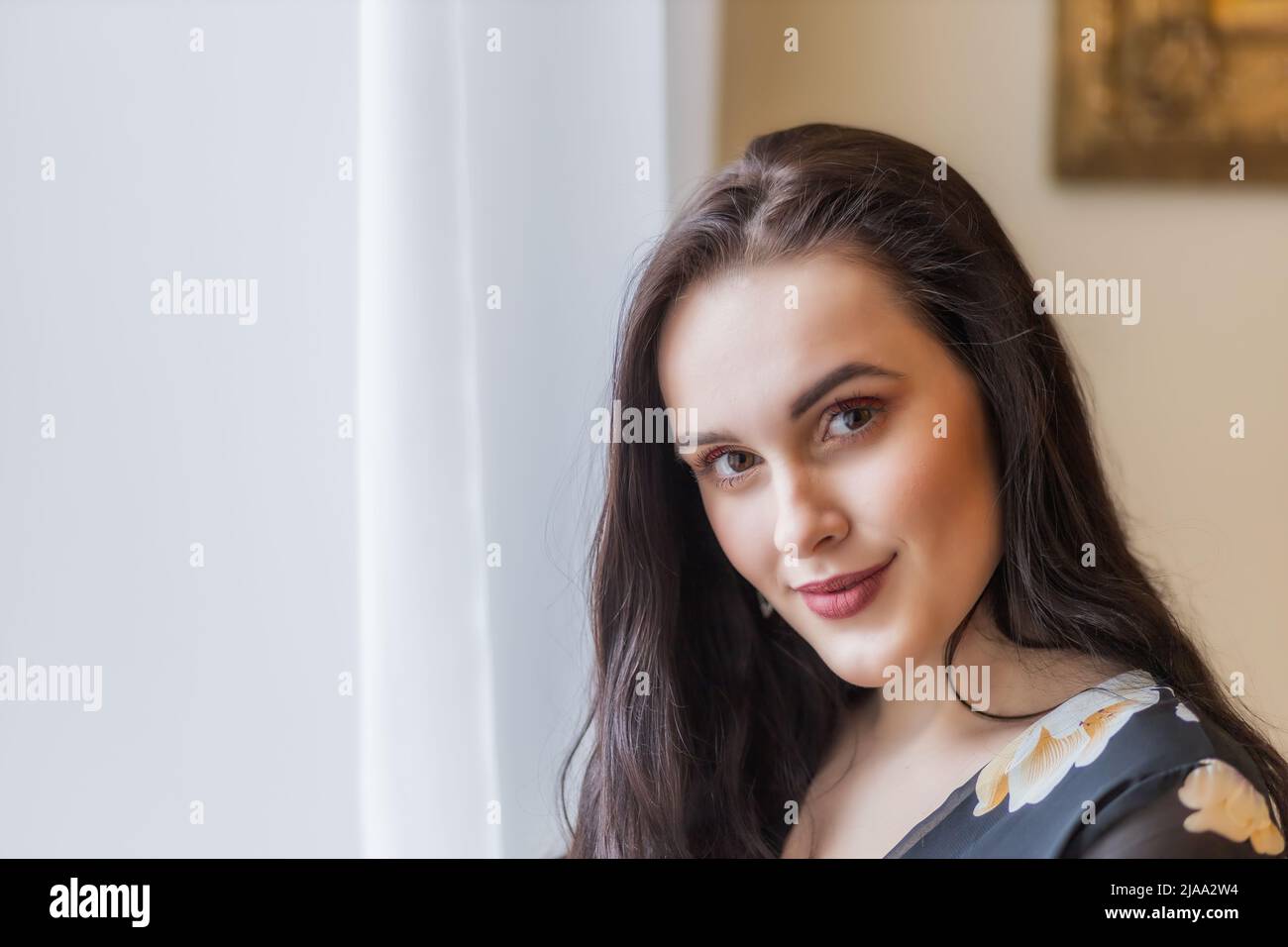 Portrait Of Attractive Beautiful Dark Haired Girl Horizontally Stock