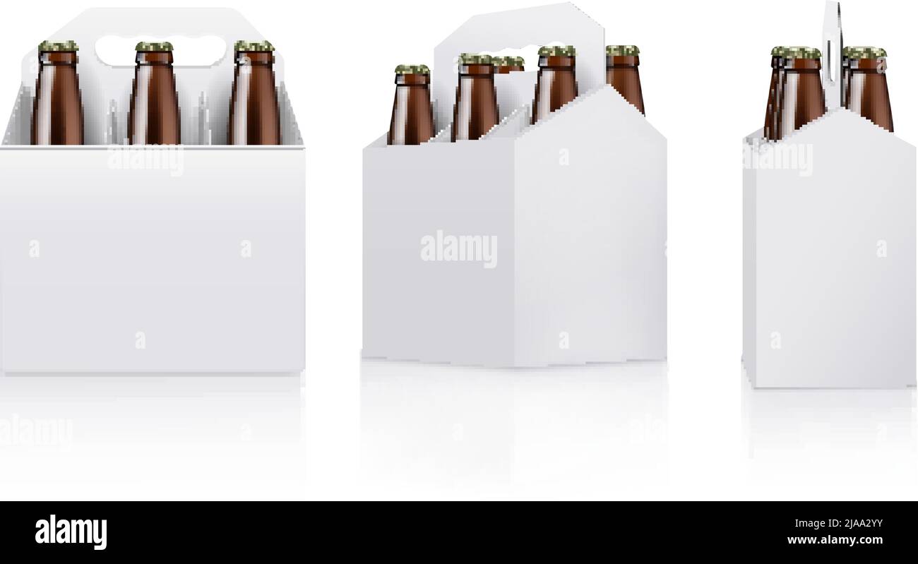 Realistic front and side view of white box package for six bottles with ...