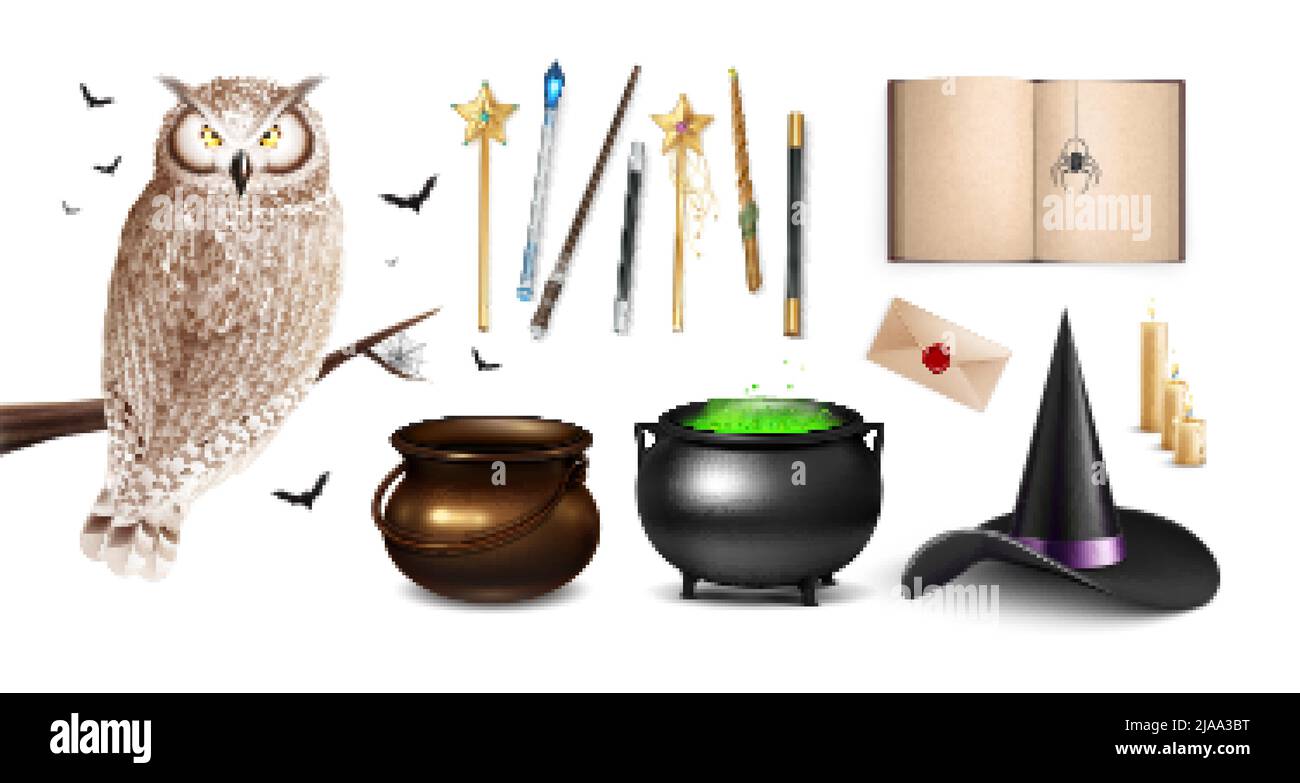 Magic realistic set of magic book magic wand candles owl hat pot with ...