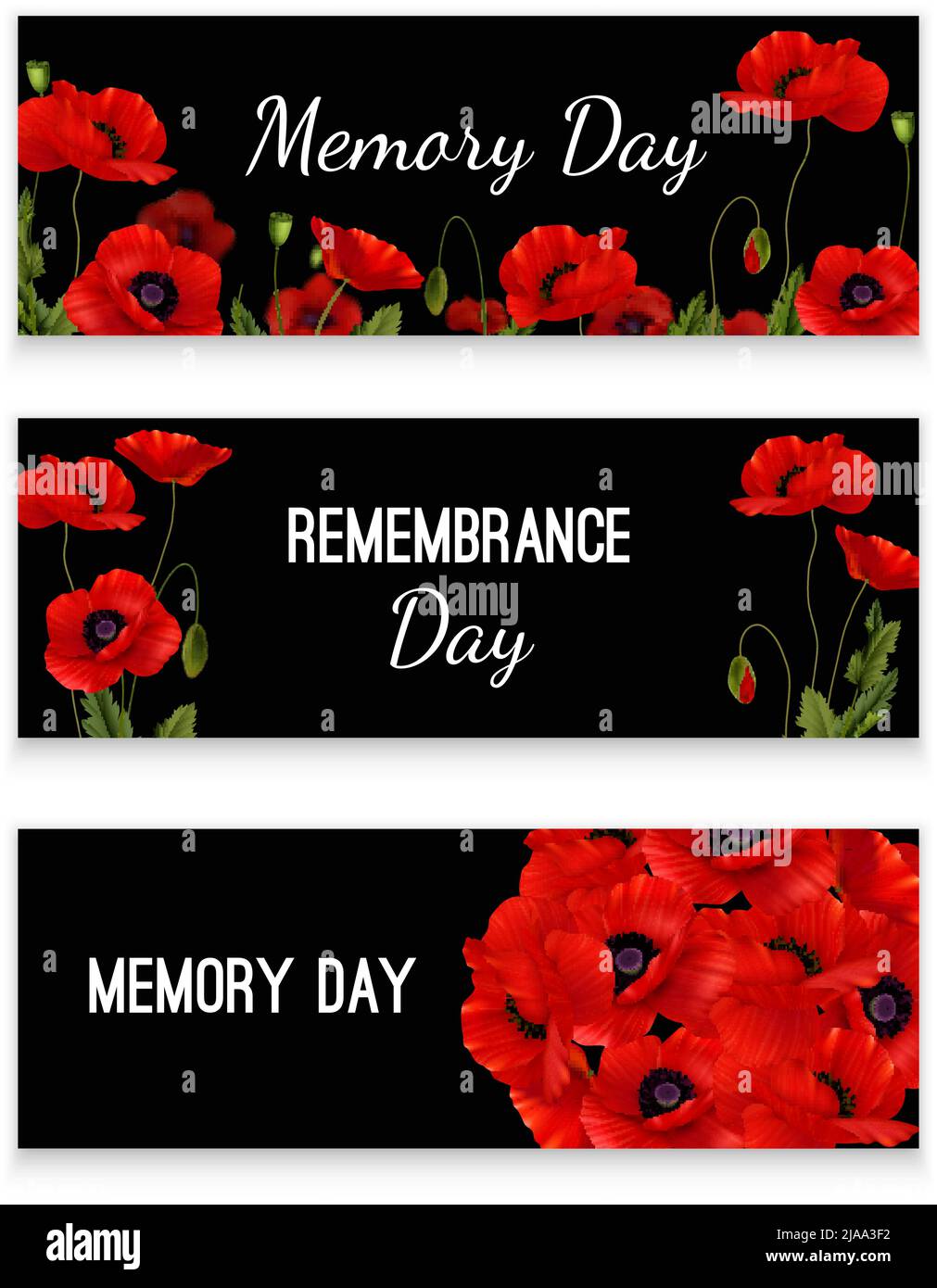Memory day horizontal banners decorated with red poppies flowers on ...