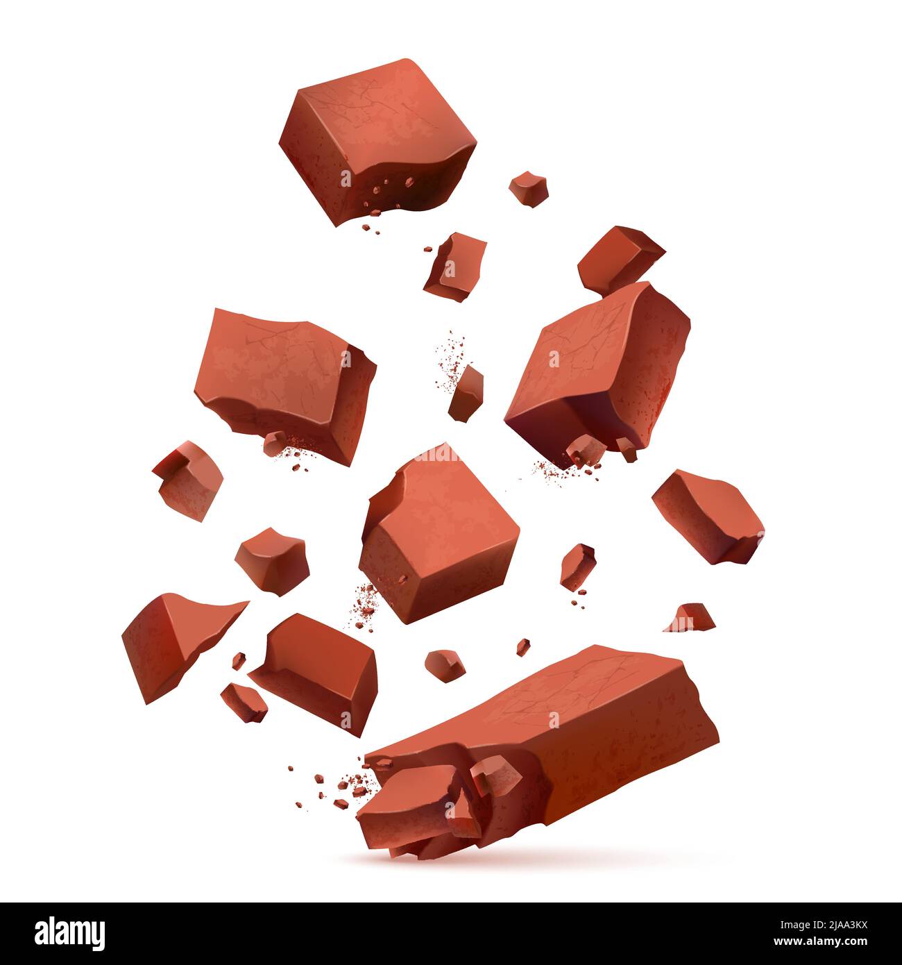 Blowing shards of red brick pieces realistic colored design concept on ...