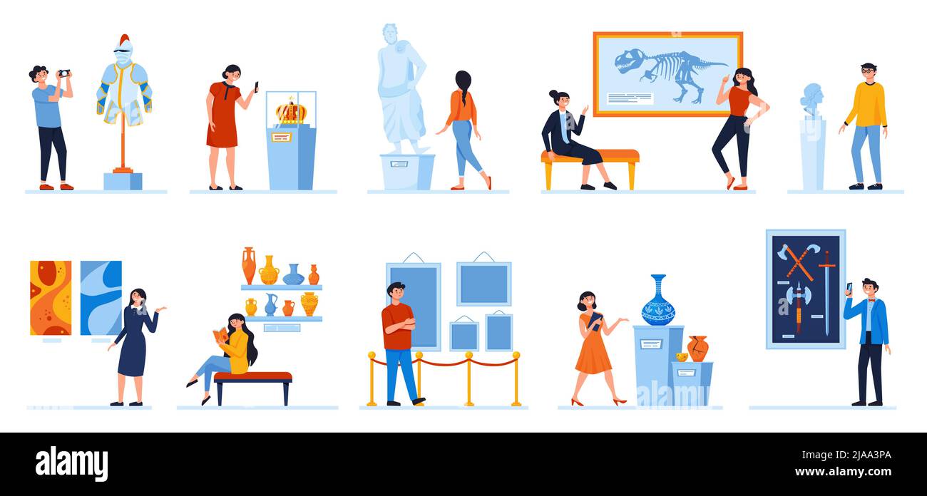 People in museum flat set of guides conducting excursion and visitors ...