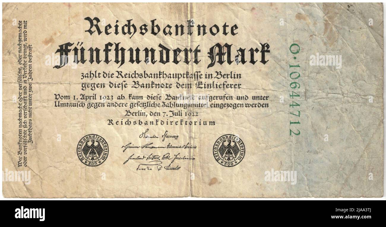 Reichsbanknote, 500 Mark. (Deutsche) Reichsbank, mint authority Stock ...