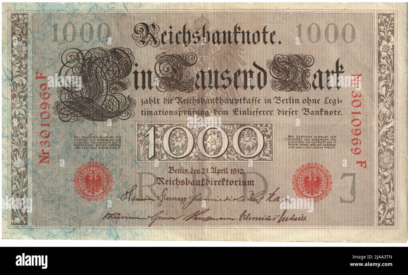 Reichsbanknote, 1000 marks. (German) Reichsbank, Mint Authority, H ...