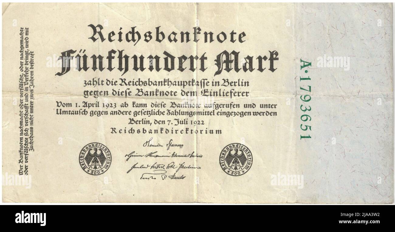 Reichsbanknote, 500 Mark. (Deutsche) Reichsbank, mint authority Stock ...