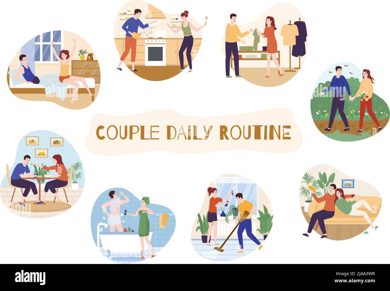 Couple daily life routine flat set with isolated round compositions of ...