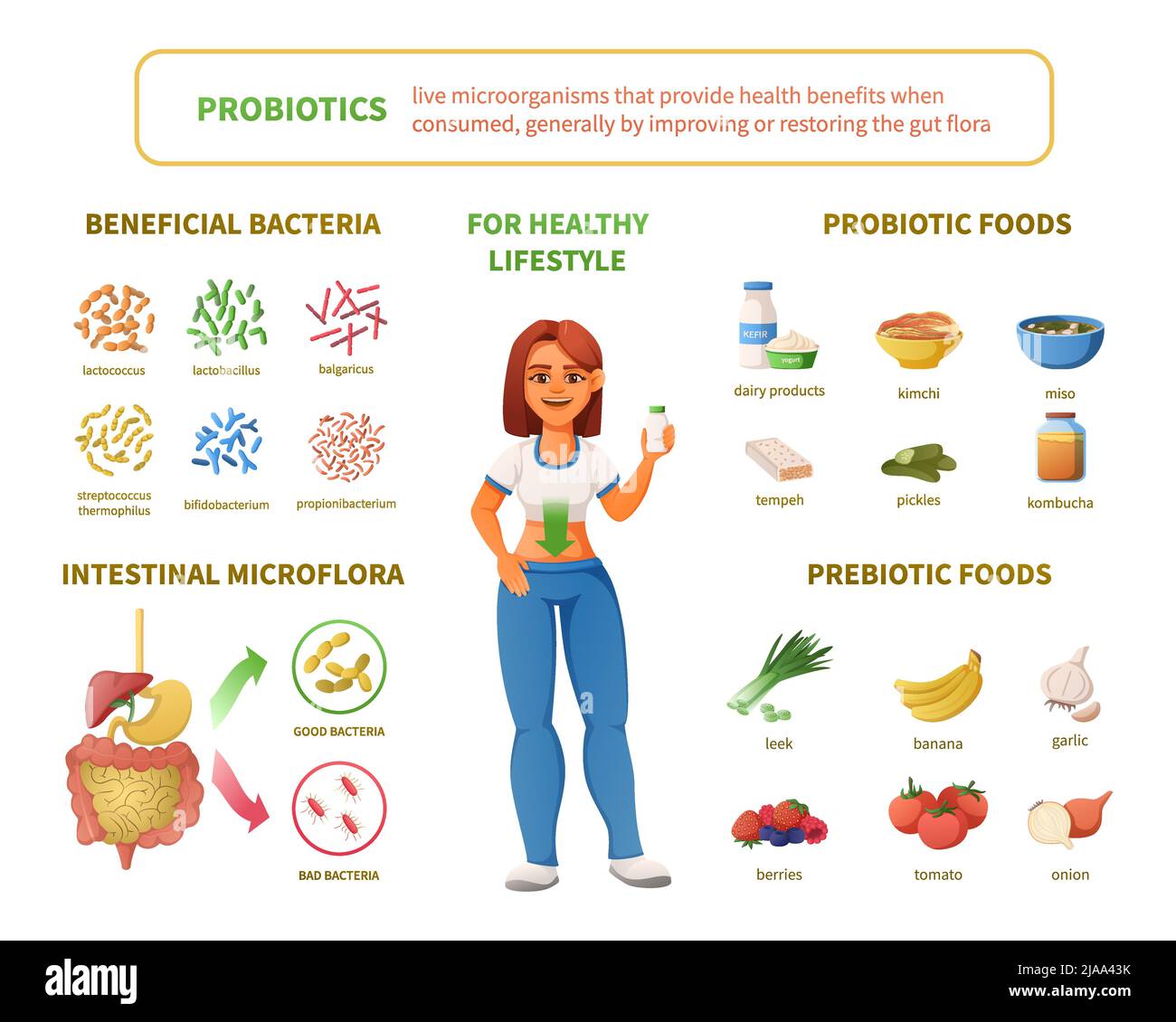 Probiotics infographics cartoon set with female character surrounded by ...