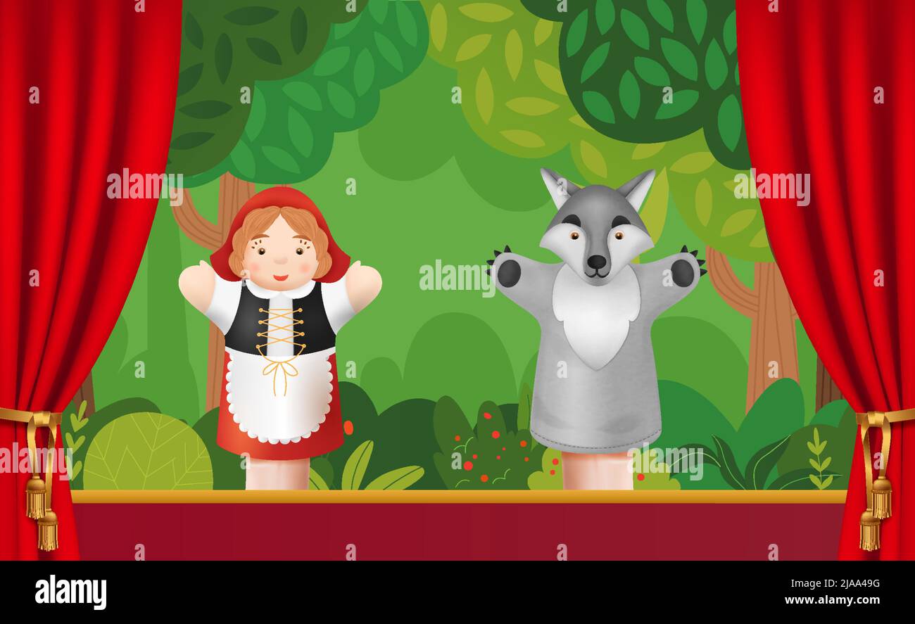 Realistic red riding hood puppet theater show with two hand toys on ...