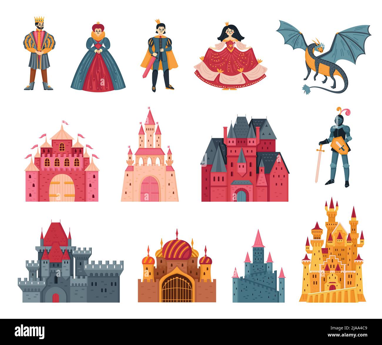 Kingdom color set of isolated icons with royal medieval castles and ...