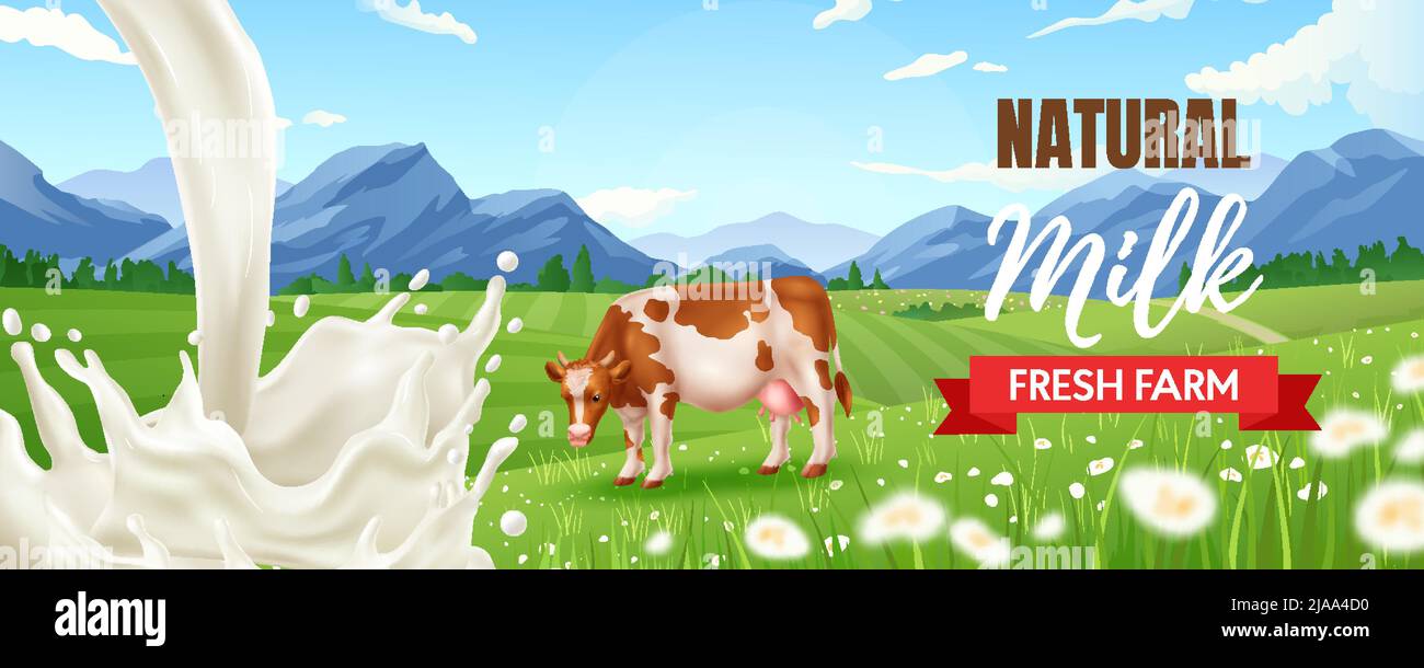 Fresh natural farm milk realistic horizontal poster with milky splashes ...