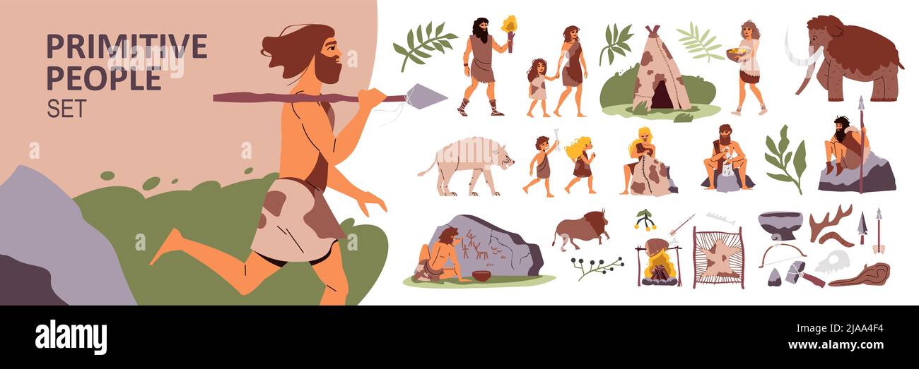 Primitive people big set of types of housing weapon for hunting ...