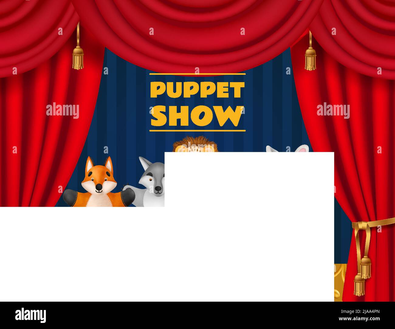 Children puppet show on theater stage with red curtains and animal toys ...