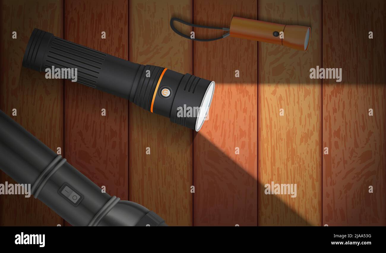 Flashlight realistic composition with top view of wooden table with ...