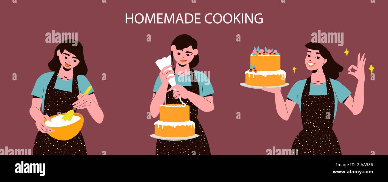 Homemade cooking design concept with happy women making cakes isolated ...