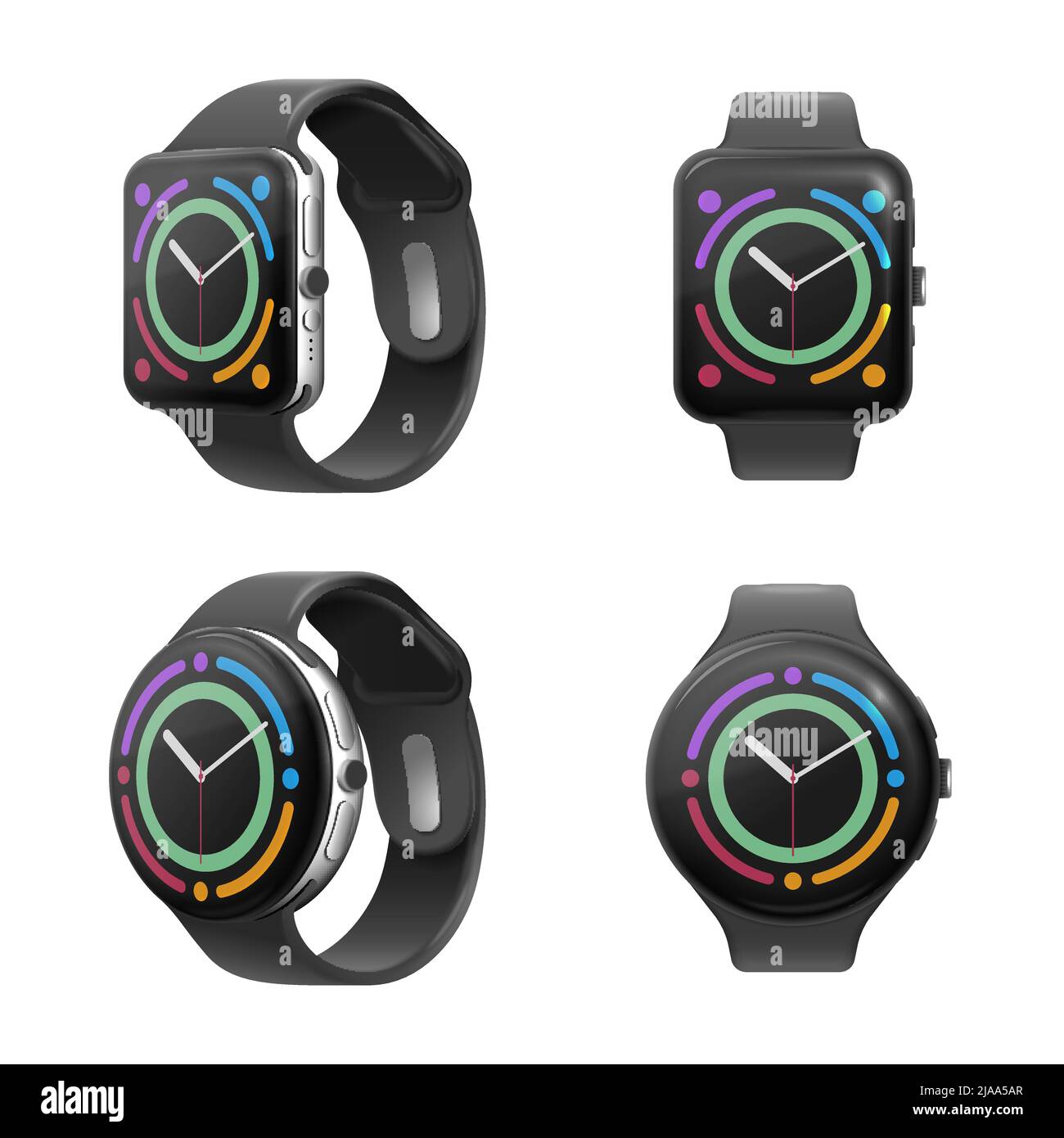 Smart watch realistic set of wrist clock with circle screen and black ...