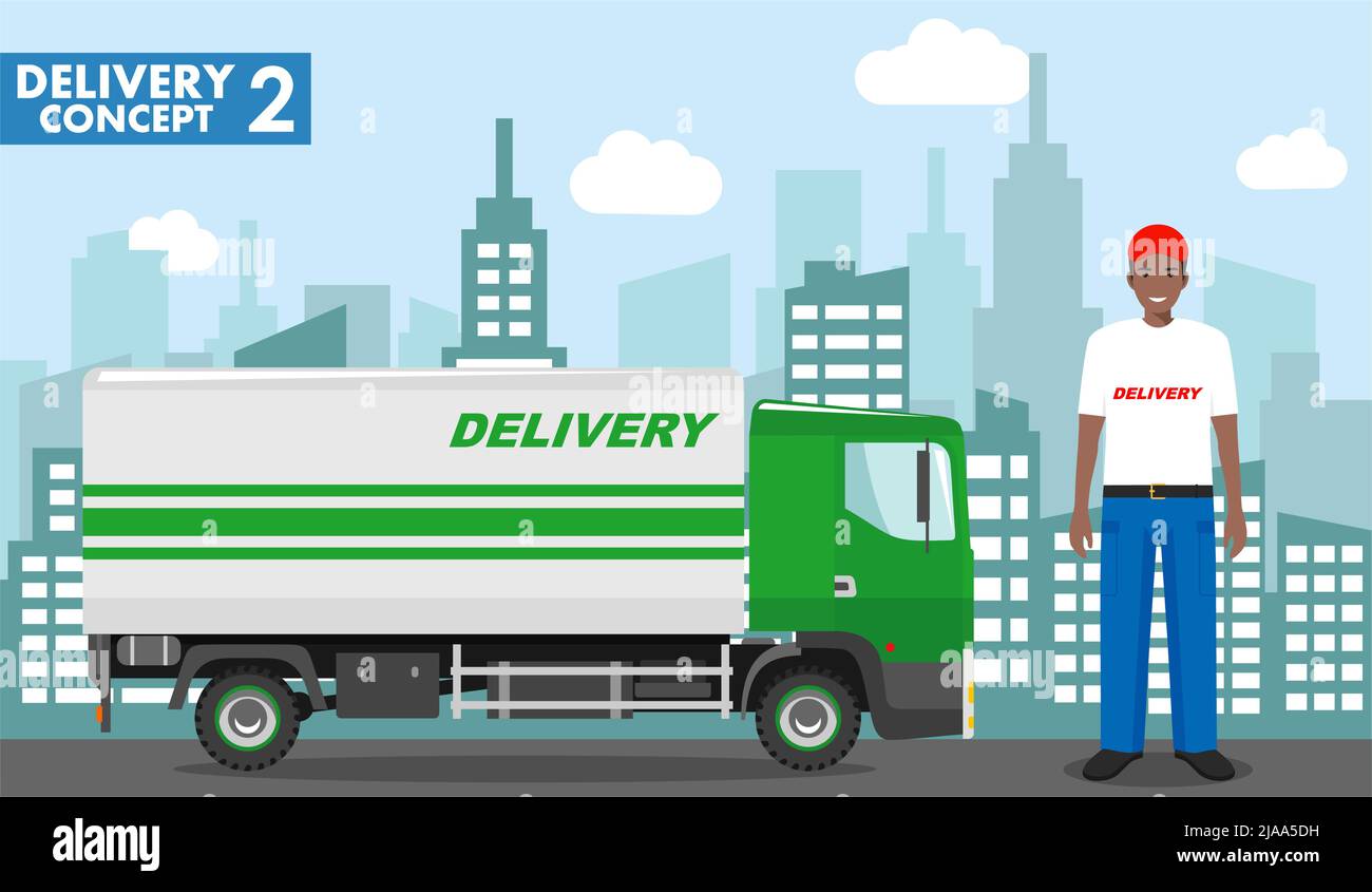 Detailed illustration of delivery truck and african american driver ...