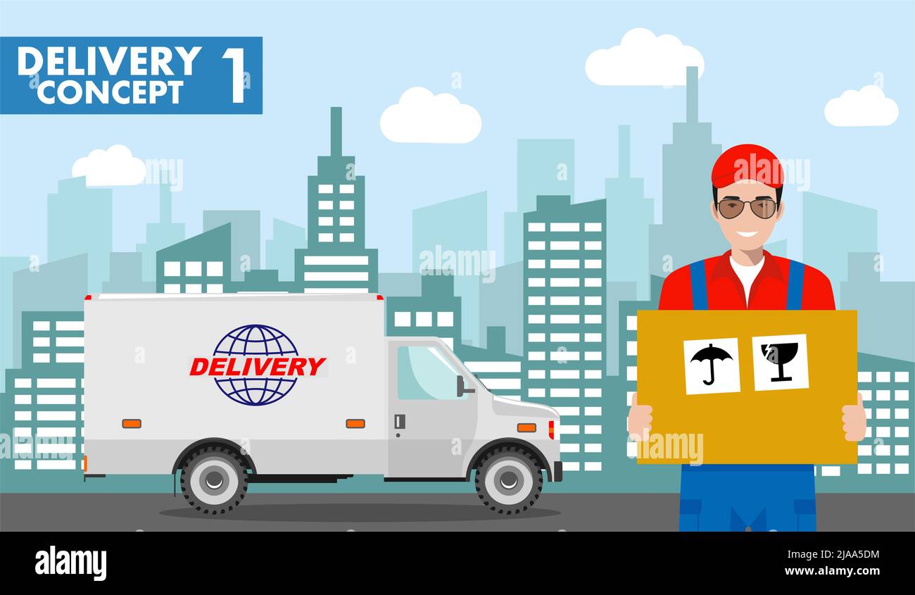 Detailed illustration of delivery truck and driver hold the box on ...