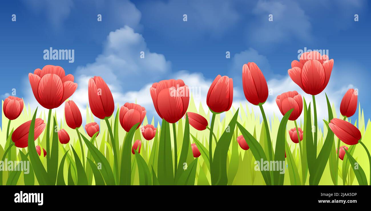 Spring flowers flat composition with outdoor scenery and clear sky with ...