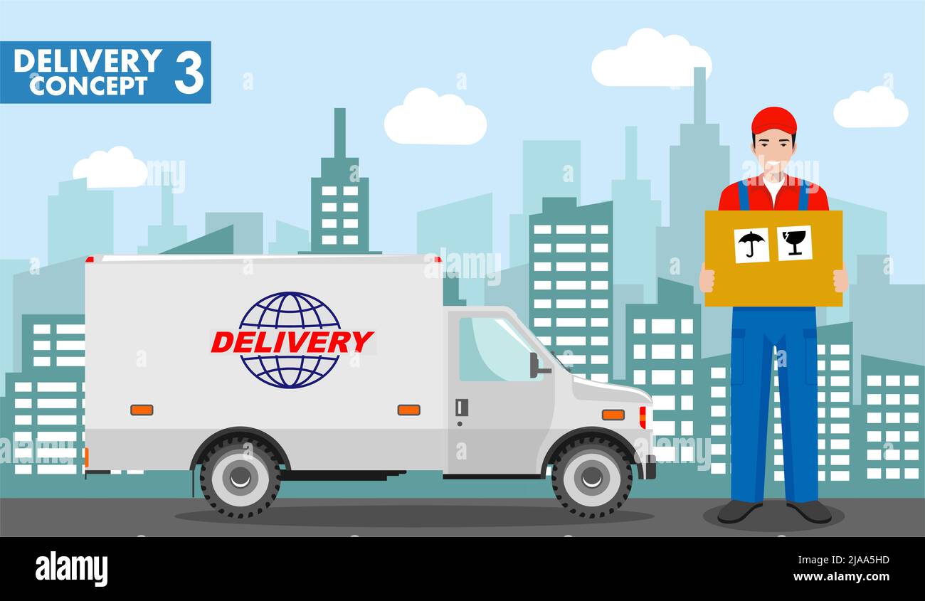 Detailed illustration of delivery truck and driver hold the box on ...