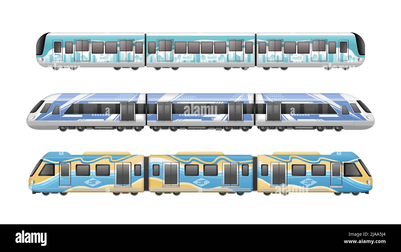 Coloured passenger subway suburban train realistic mockup set isolated ...