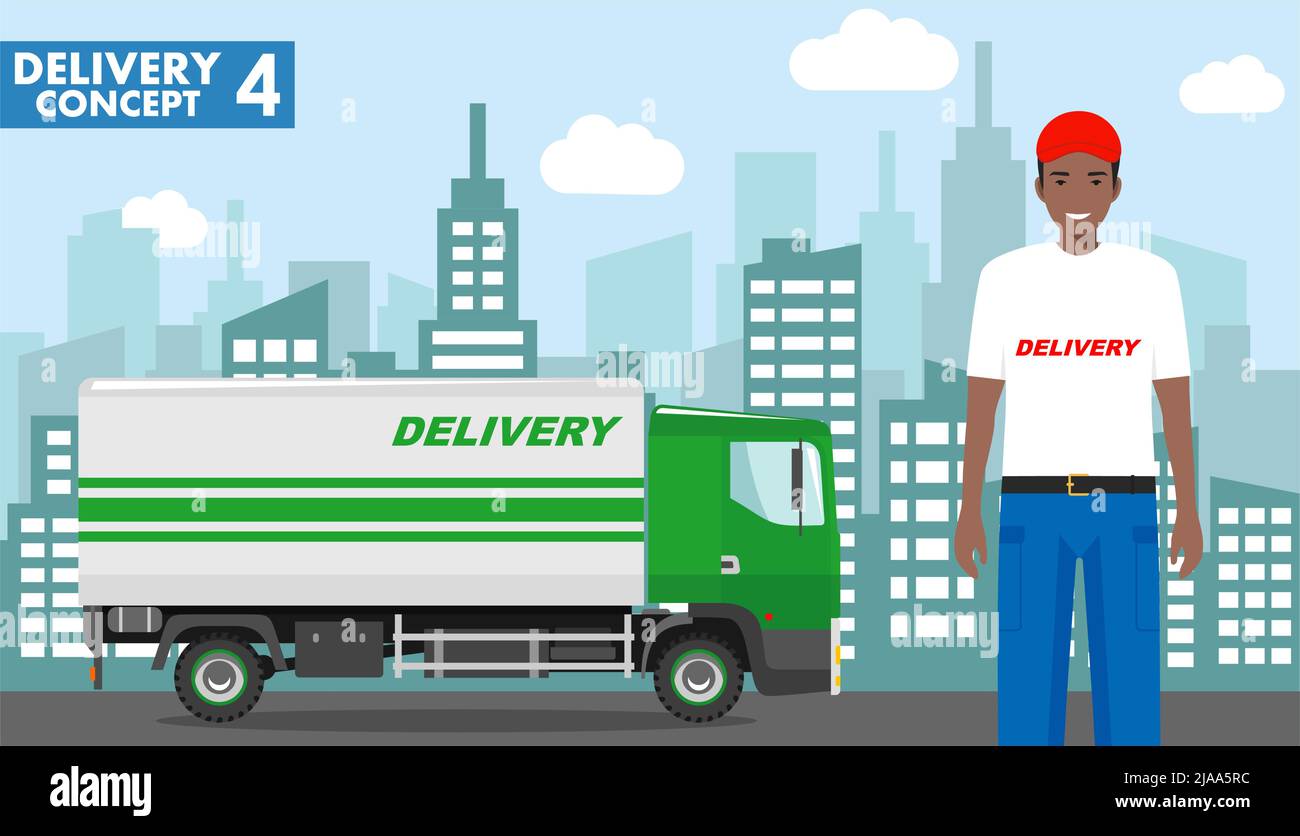 Detailed illustration of delivery truck and african american driver ...